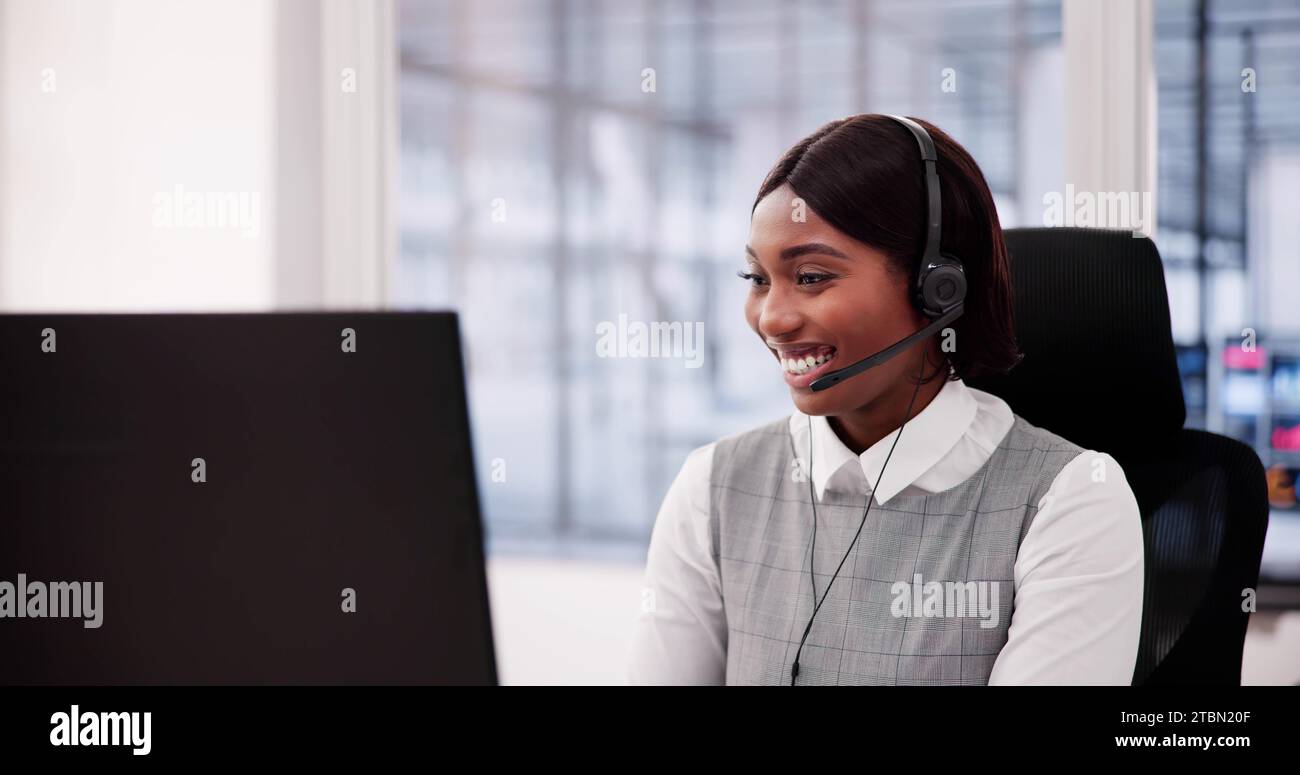 African Businesswoman Working in Virtual Language Lecture Interview ...