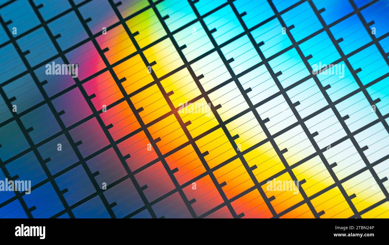 Silicon Wafers with microchips used in electronics for the fabrication ...