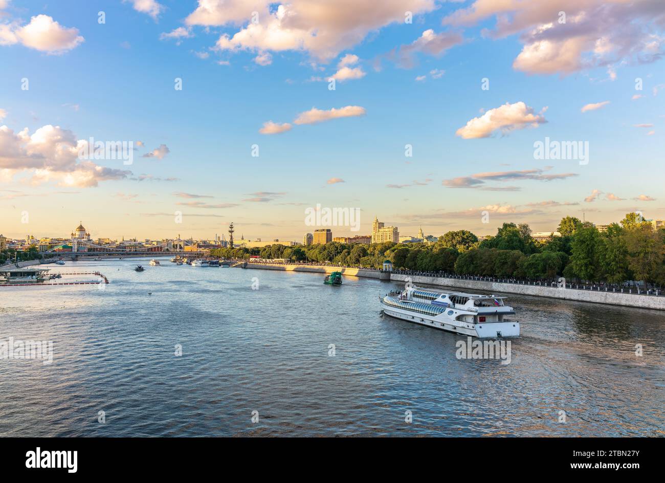 Cruise ship sails on the Moscow river in Moscow city center, popular ...