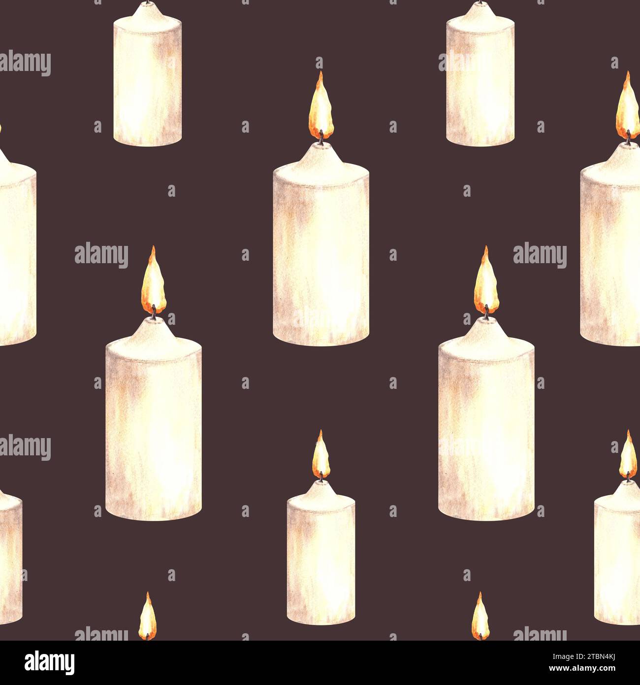 Watercolor seamless pattern of burning white beige wax candles with ...