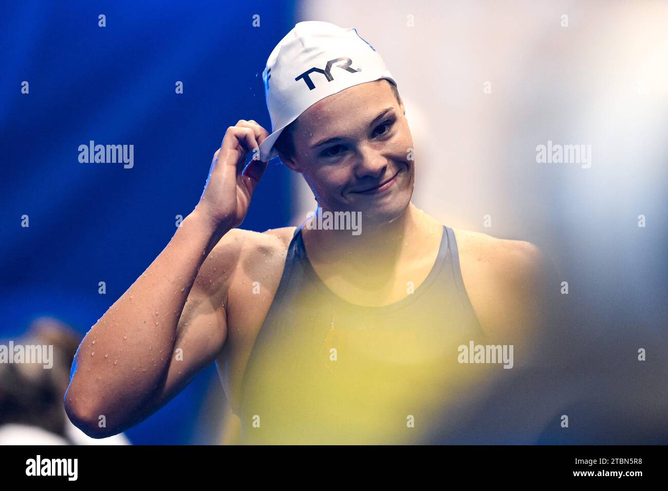 Pauline Mahieu of France reacts after winning the bronze medal in the ...