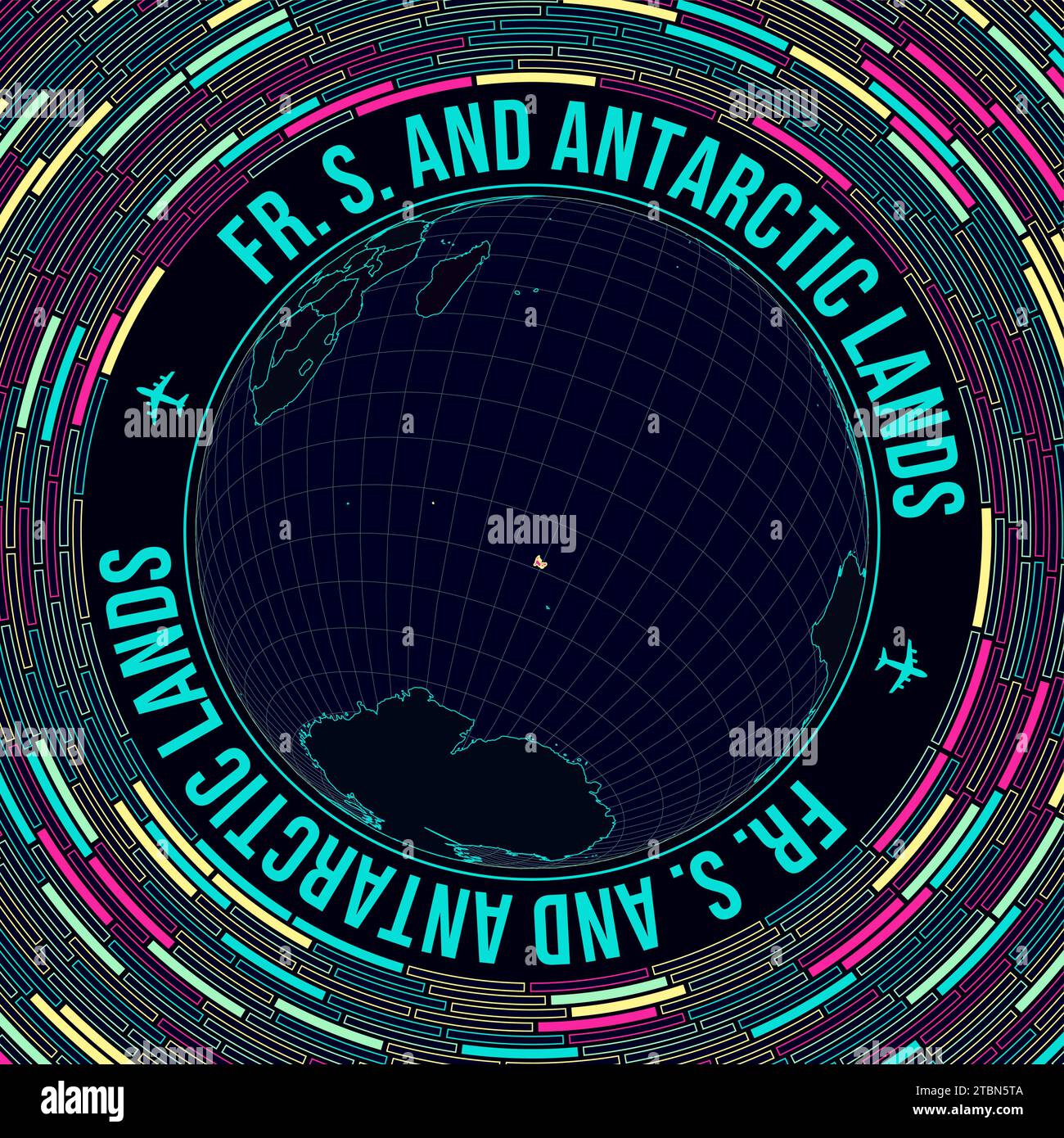 TAAF on globe. Satelite view of the world centered to TAAF. Bright neon ...