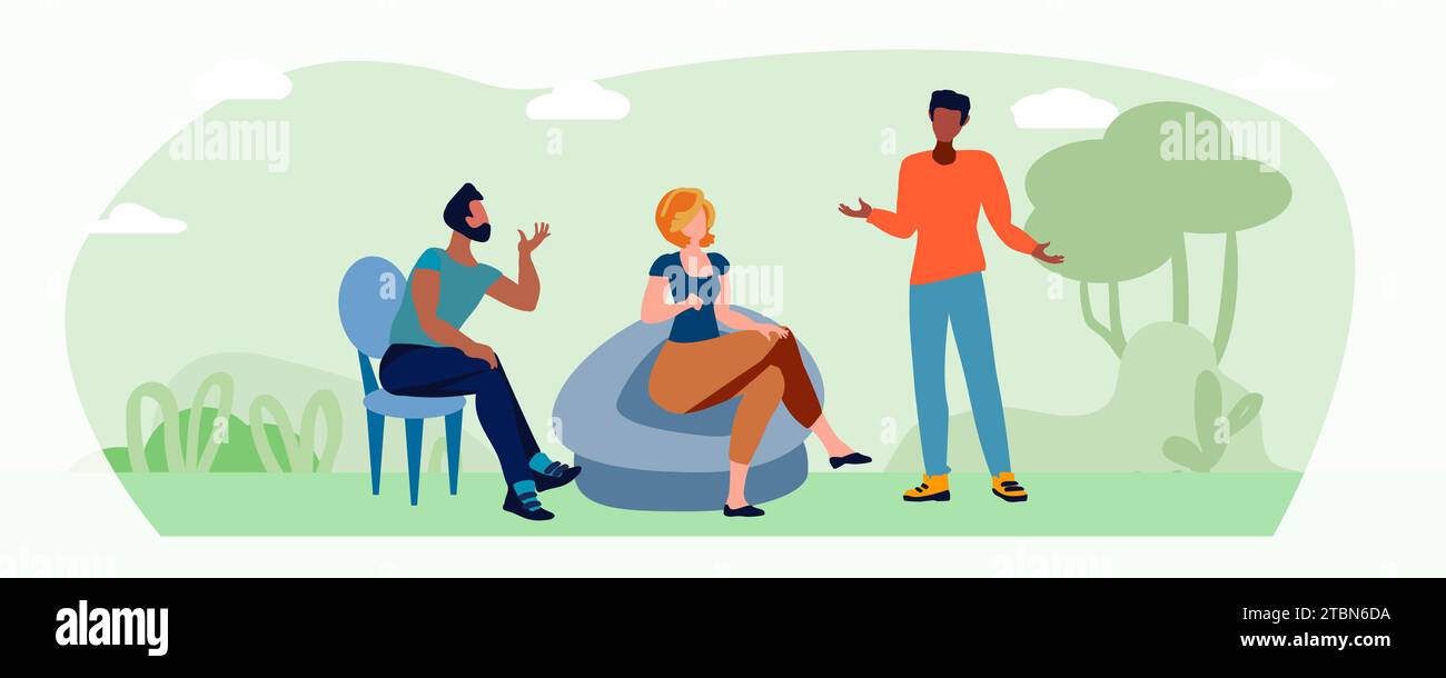 A woman and men are talking against a background of trees and bushes ...