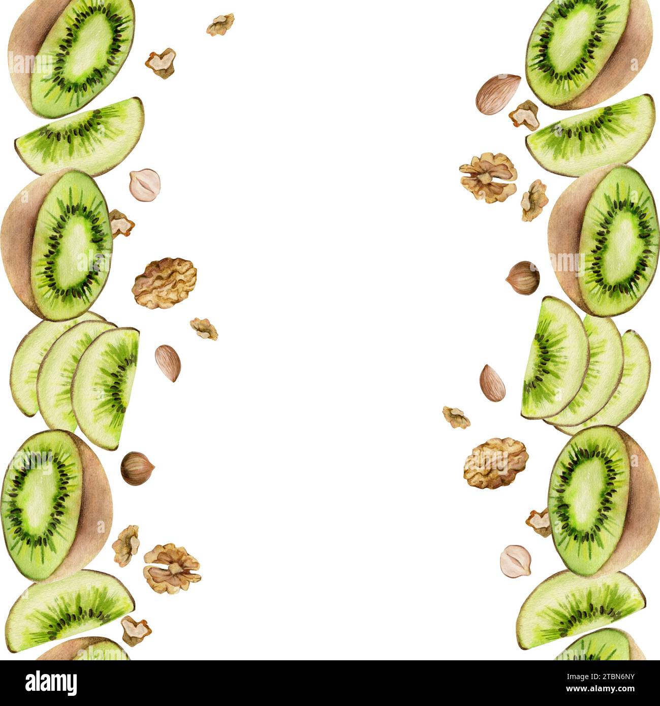 Hand drawn watercolor green kiwi and nut mix, walnut almond diet and ...
