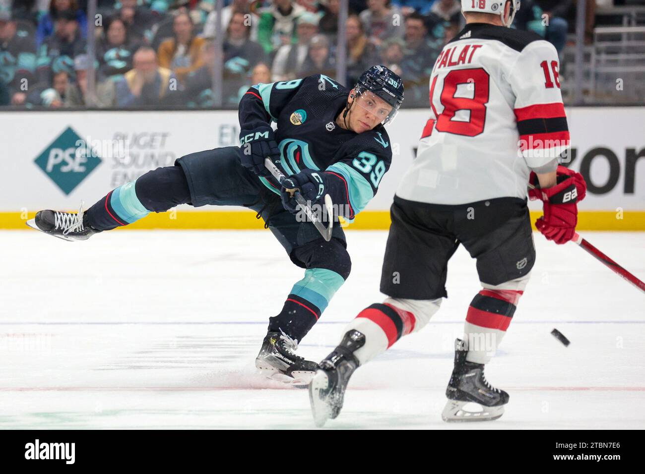Seattle Kraken defenseman Ryker Evans (39) fires the puck past New ...