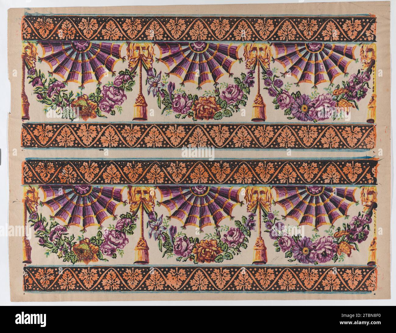 Sheet with two borders with three fans and floral garlands 1948 by ...