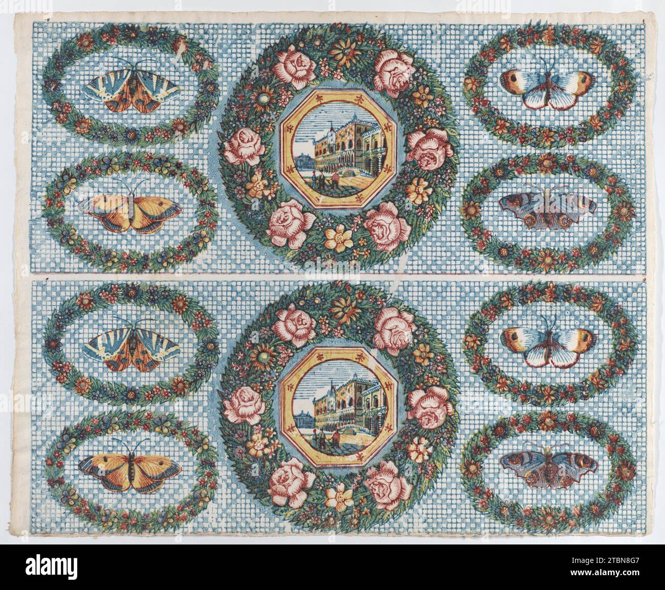 Sheet with two borders with landscapes and moths within wreaths 1948 by ...