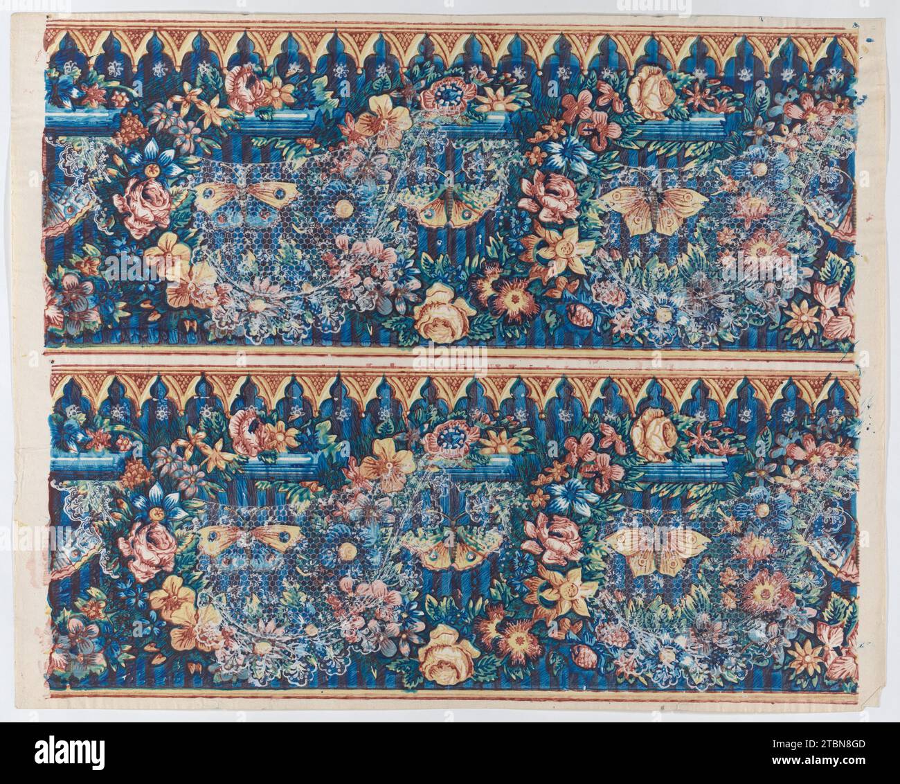 Sheet with two borders with lace atop floral wreaths and butterflies ...