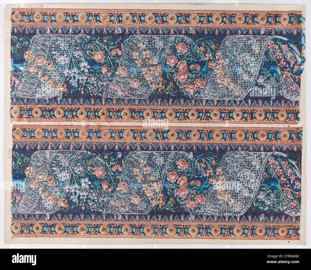 Sheet with two borders with lace atop a floral garland against a navy background 1948 by ...