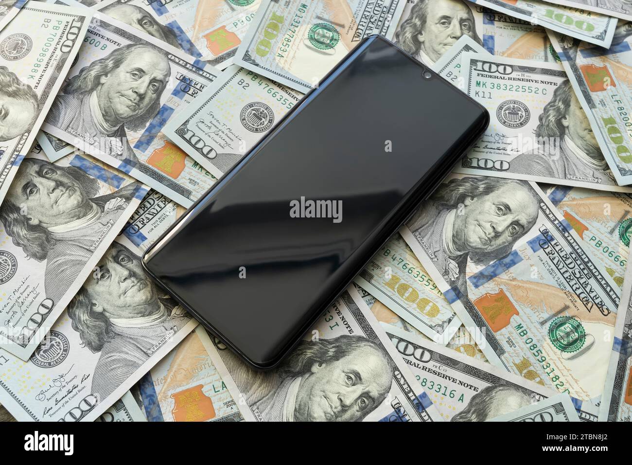 smartphone screen on US dollar banknotes background for design purpose ...