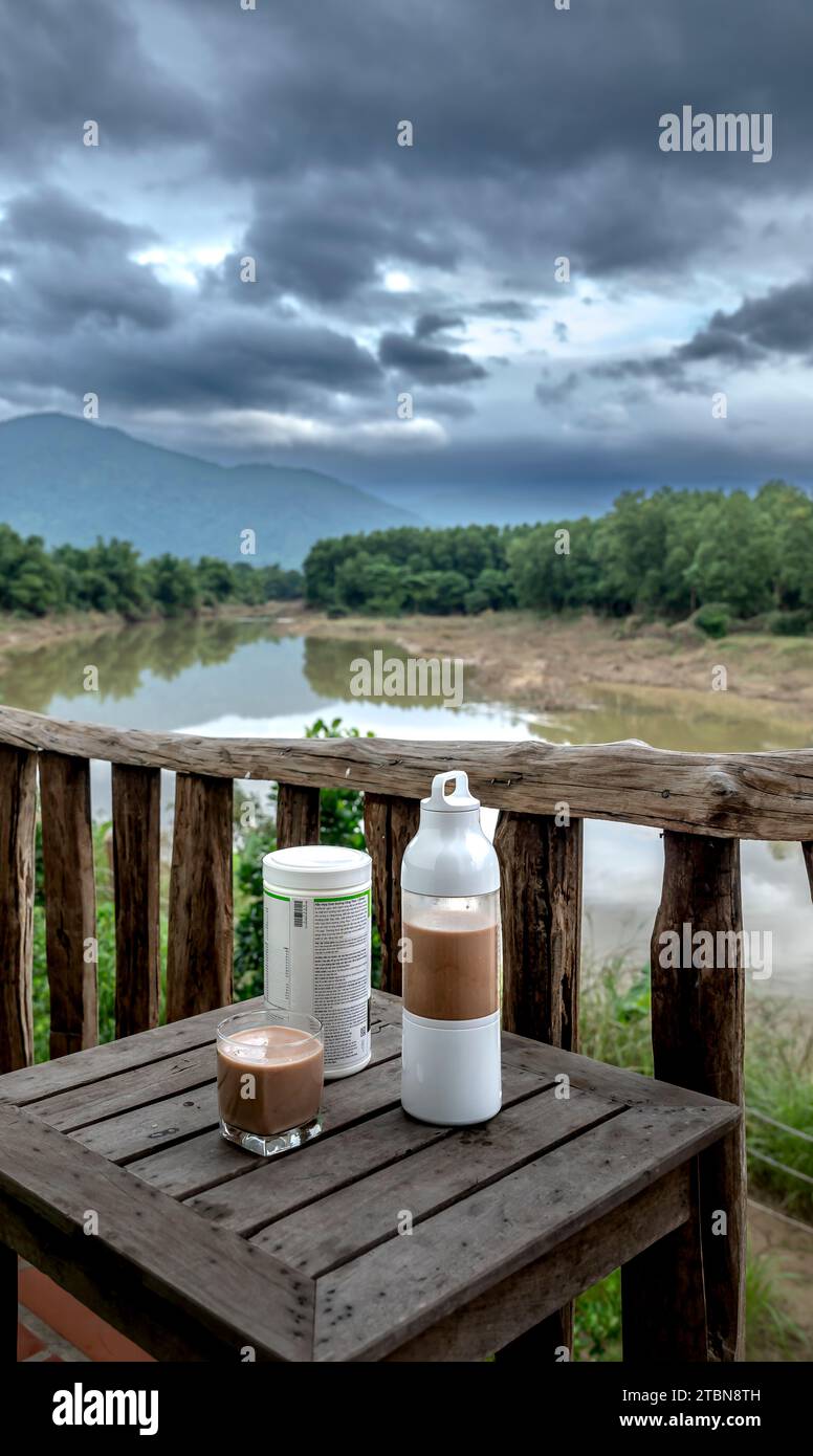 Healthy shake for breakfast at the resort. Concept of a healthy and ...