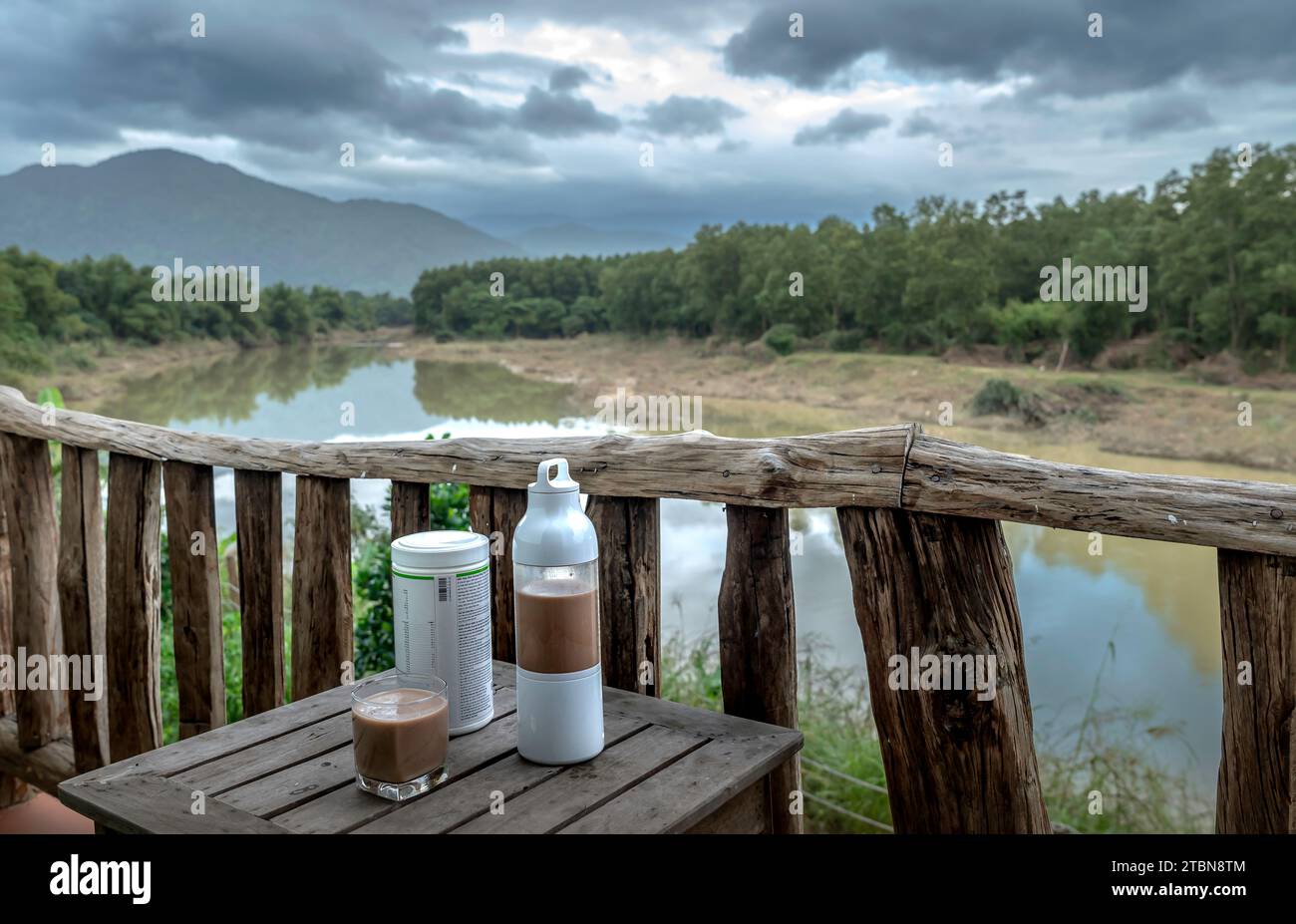 Healthy shake for breakfast at the resort. Concept of a healthy and ...