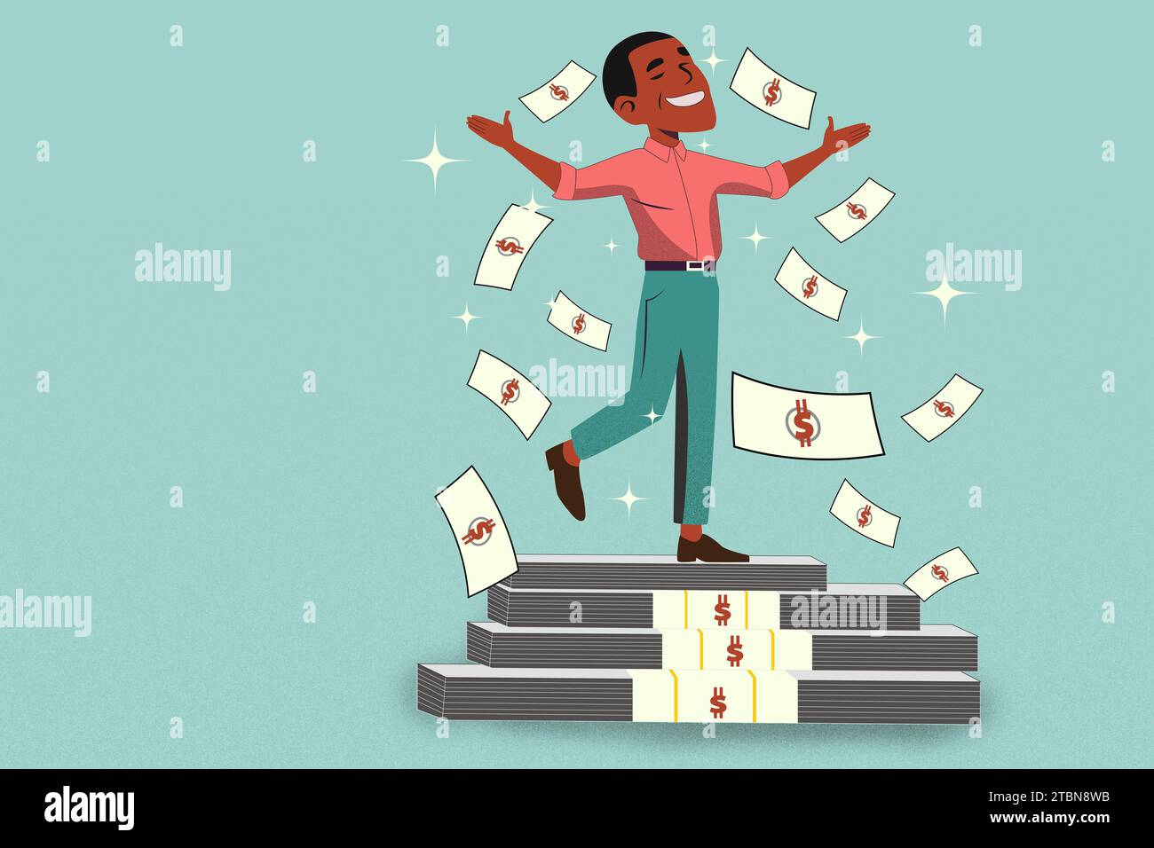 black man standing on money, lucky rich wealthy, freedom concept ...