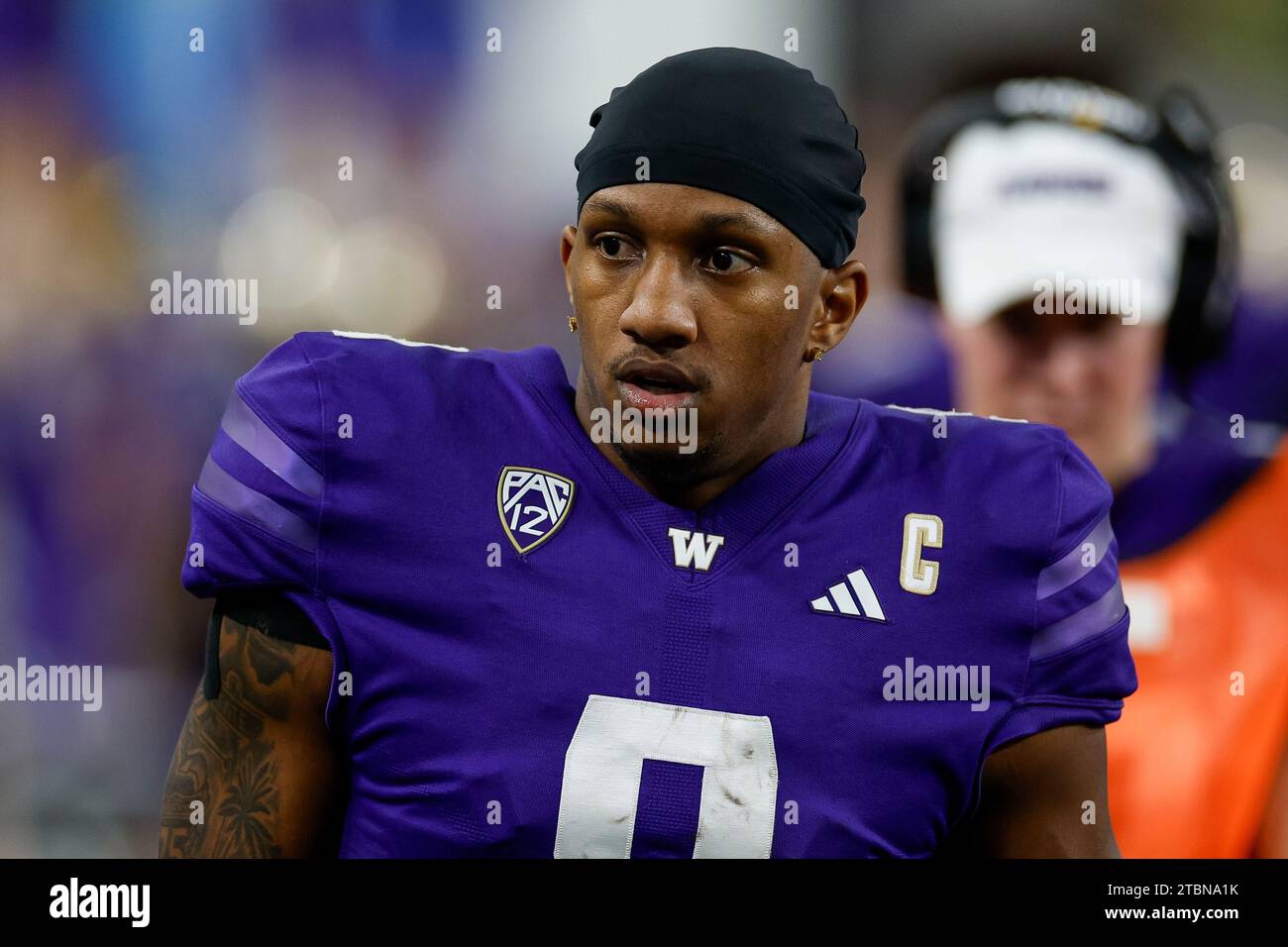 Las Vegas, USA. 01st Dec, 2023. Washington Huskies quarterback Michael Penix Jr. (9) walks on ...
