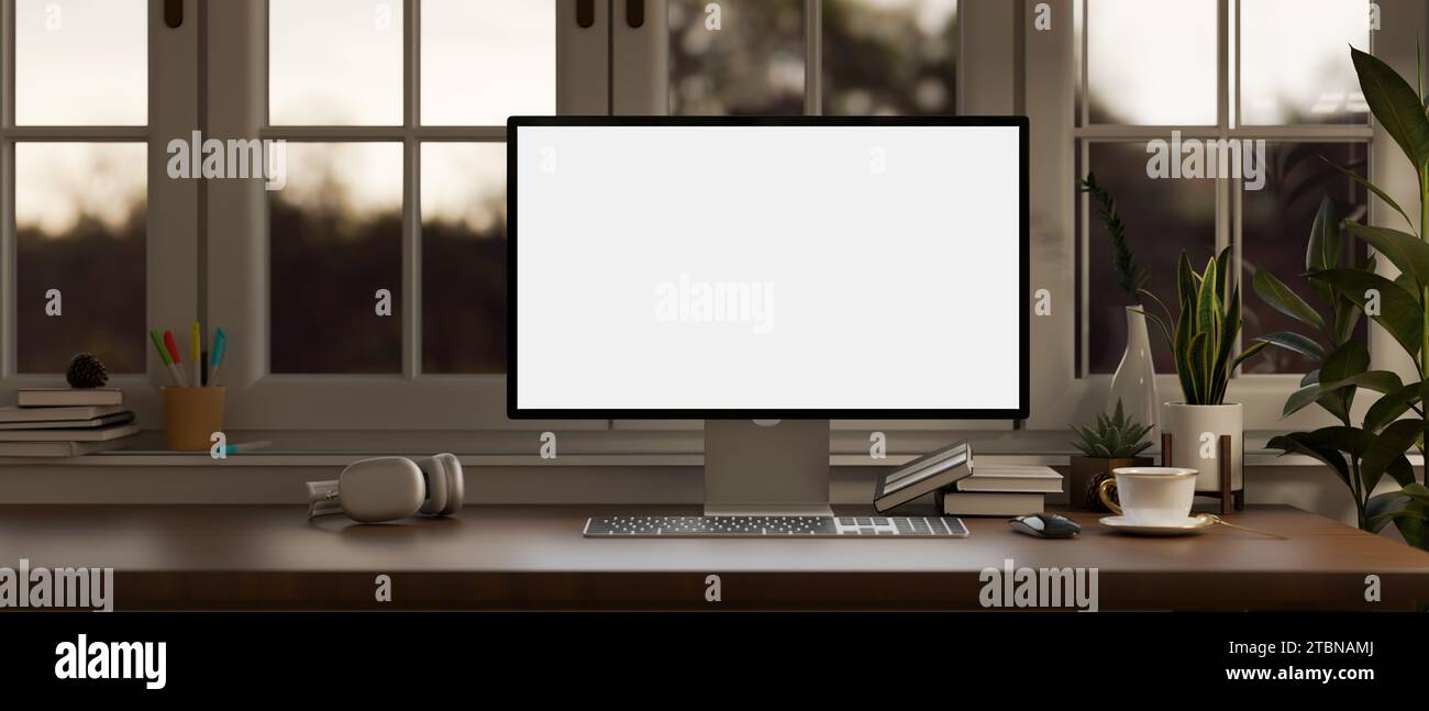 Home office workspace with a computer desk against the window, a white ...