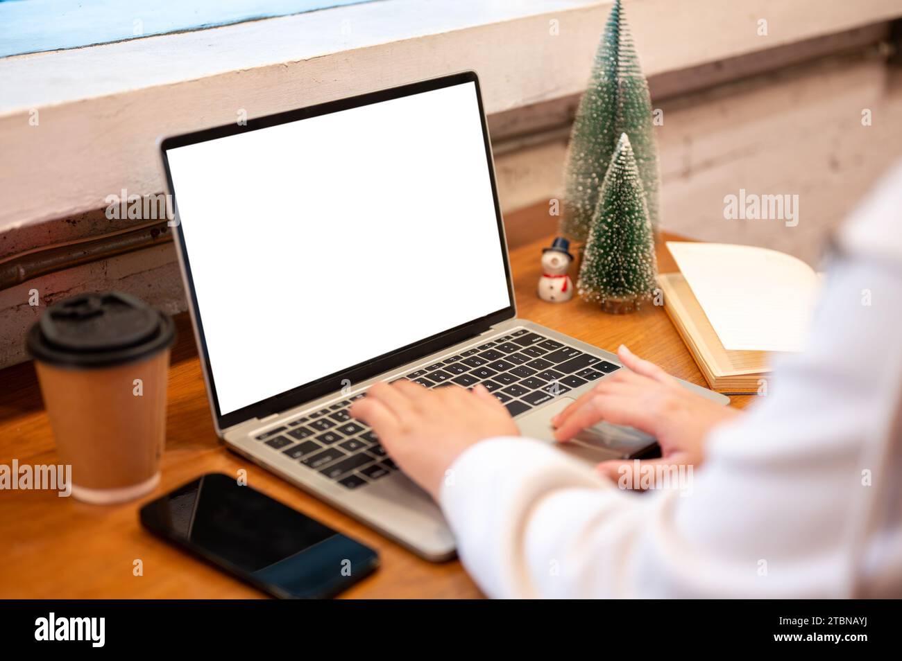 Close-up image of a woman using her laptop computer in a cosy coffee ...