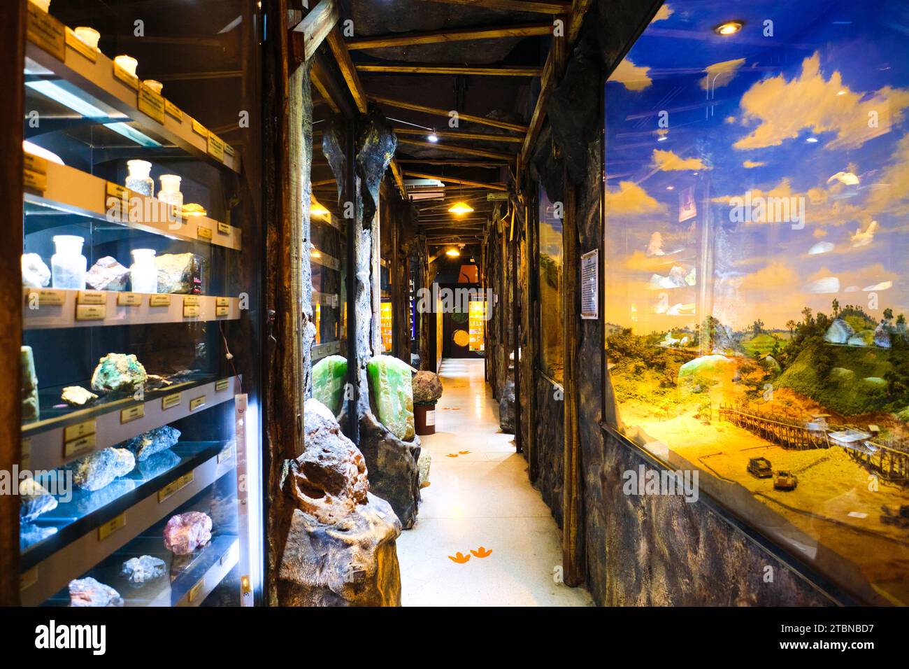 View of a corridor with various rock specimens and mining diorama ...
