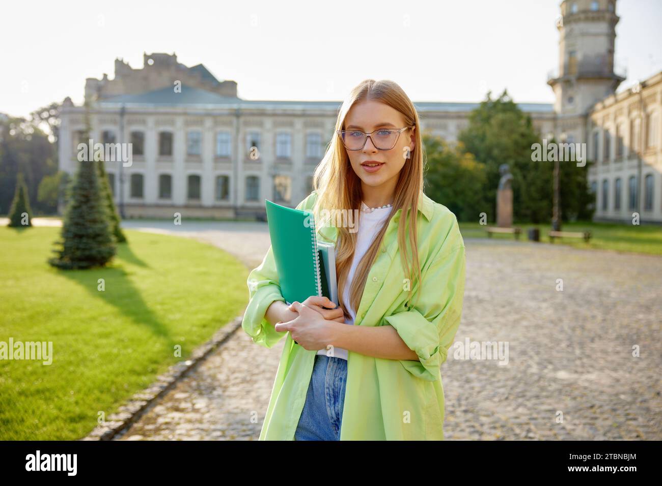 Portrait of smart female student with studying accessories at ...