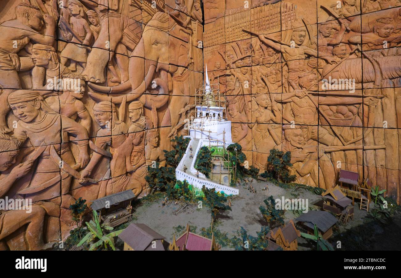 A miniature model of the construction of the Golden Mount holy Buddhist ...