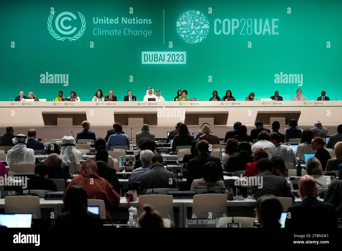COP28 President Sultan al-Jaber, center, attends a plenary session at ...