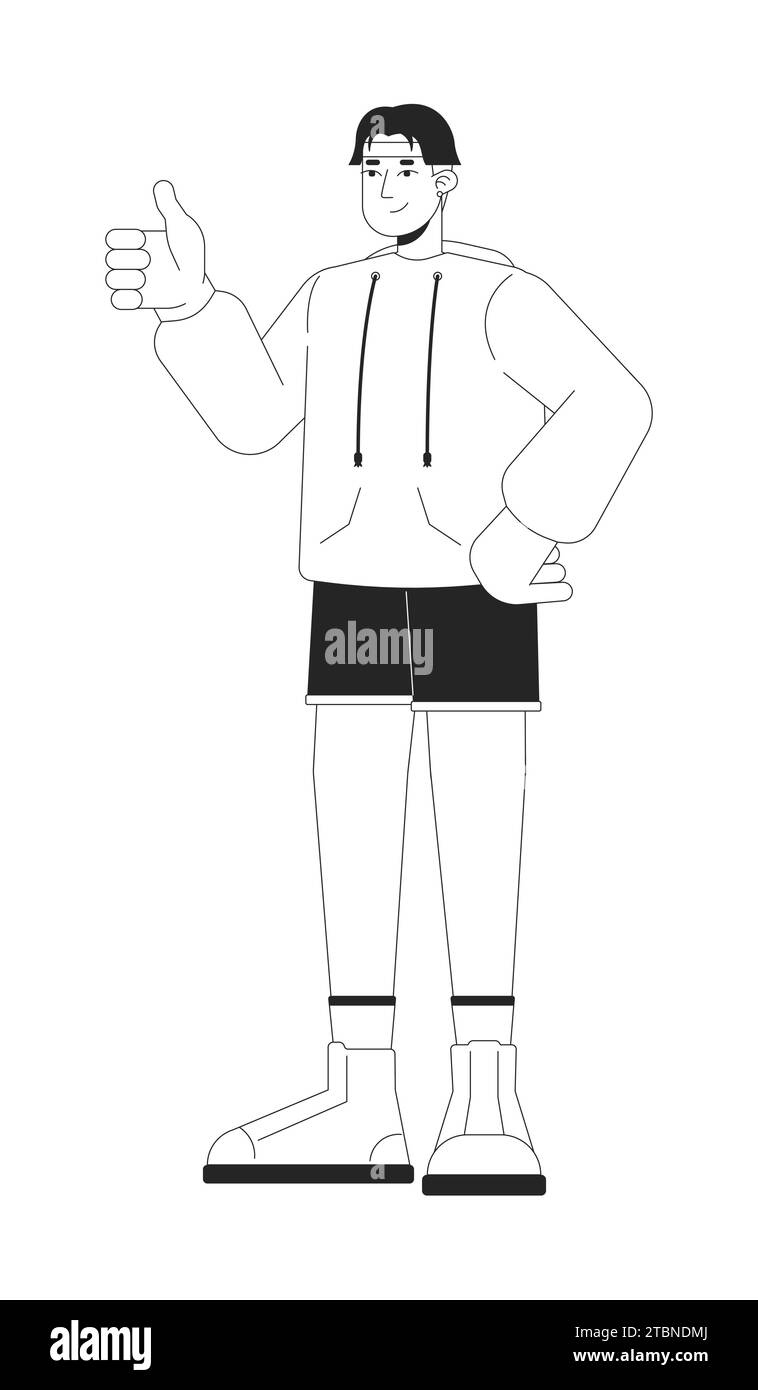 Retro inspired gen z young man thumb up black and white 2D line cartoon ...