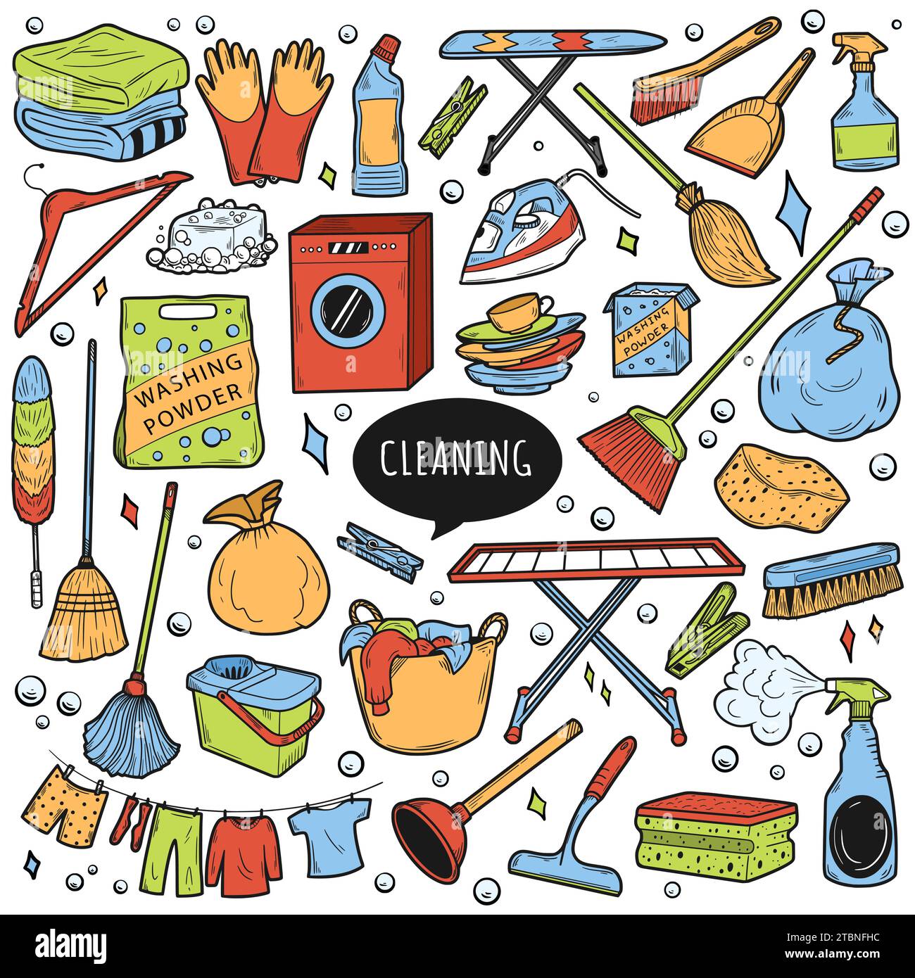 Hand drawn color set of cleaning equipments, sponge, spray, broom ...