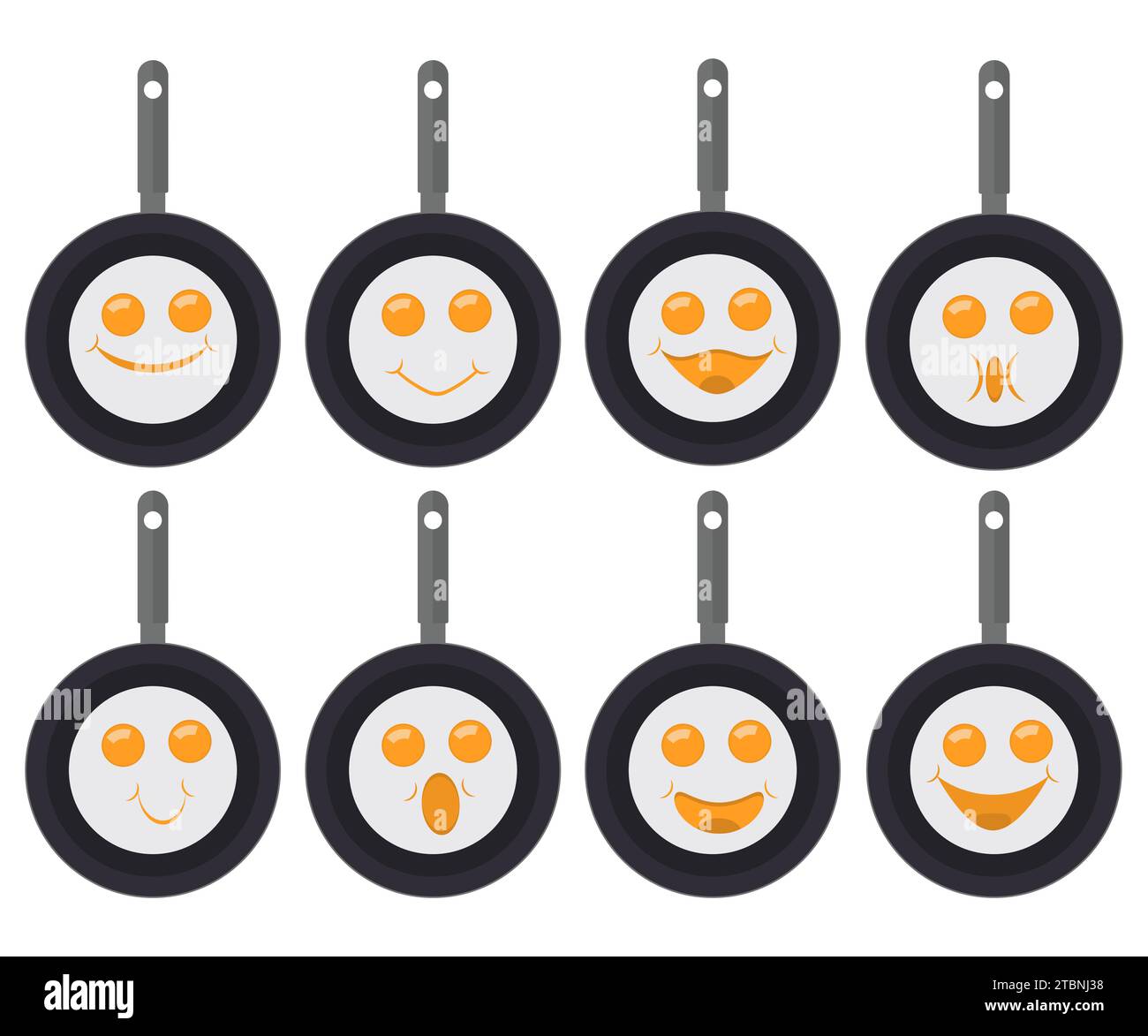 Fried eggs emoticons, smiley and emoji. A set of fried eggs in pans ...