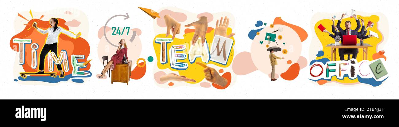 Colorful design with employees working on projects, growing ...