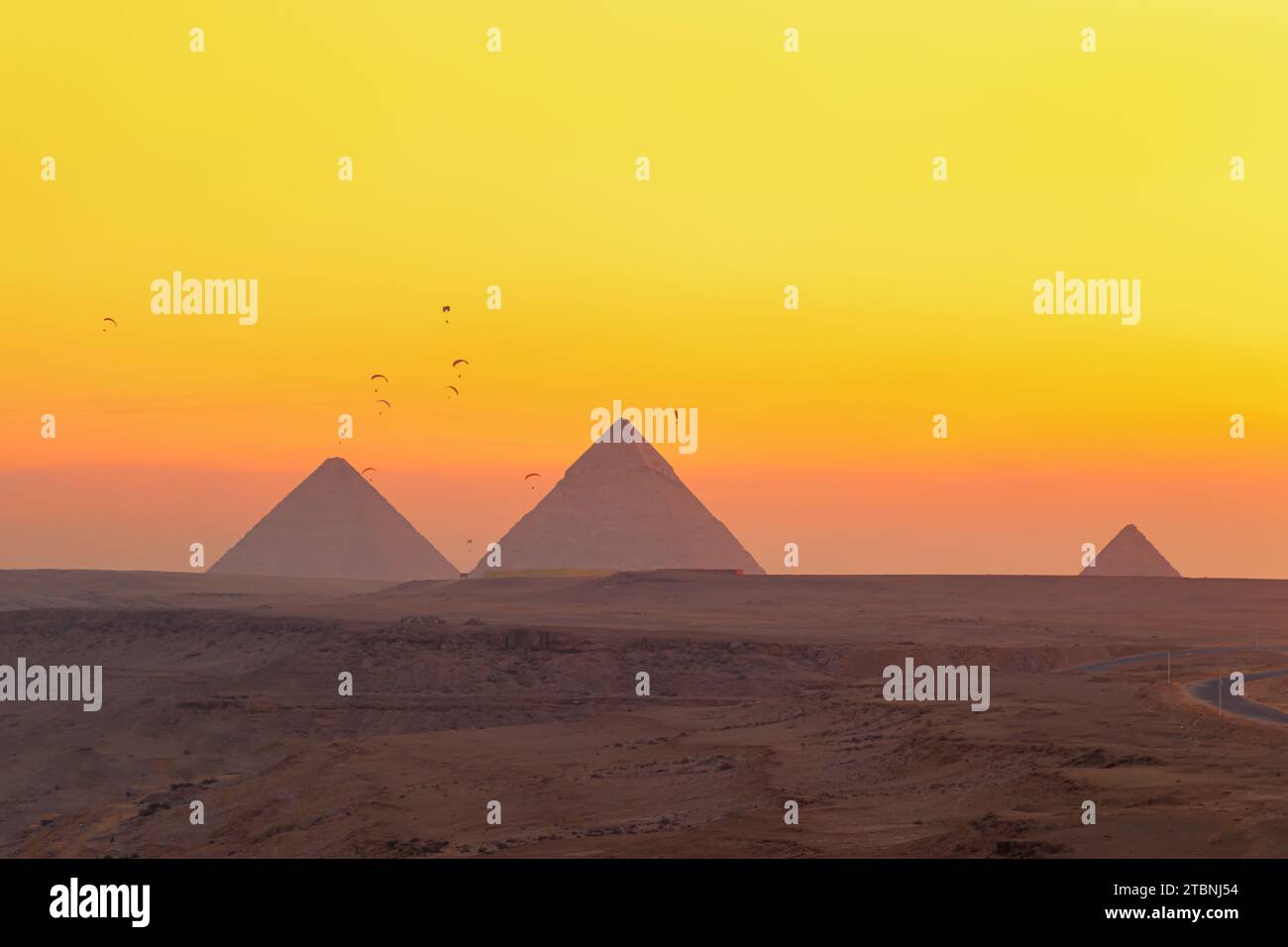 The Great Pyramids of Egypt at dawn. Desert landscape, the only ...