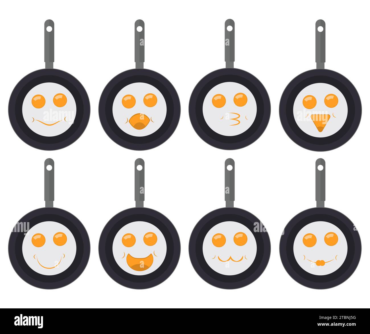 Fried eggs emoticons, smiley and emoji. A set of fried eggs in pans ...