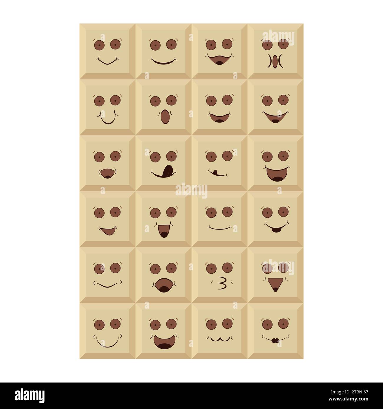 White milk chocolate slab and bar set with cartoon faces. Abstract ...