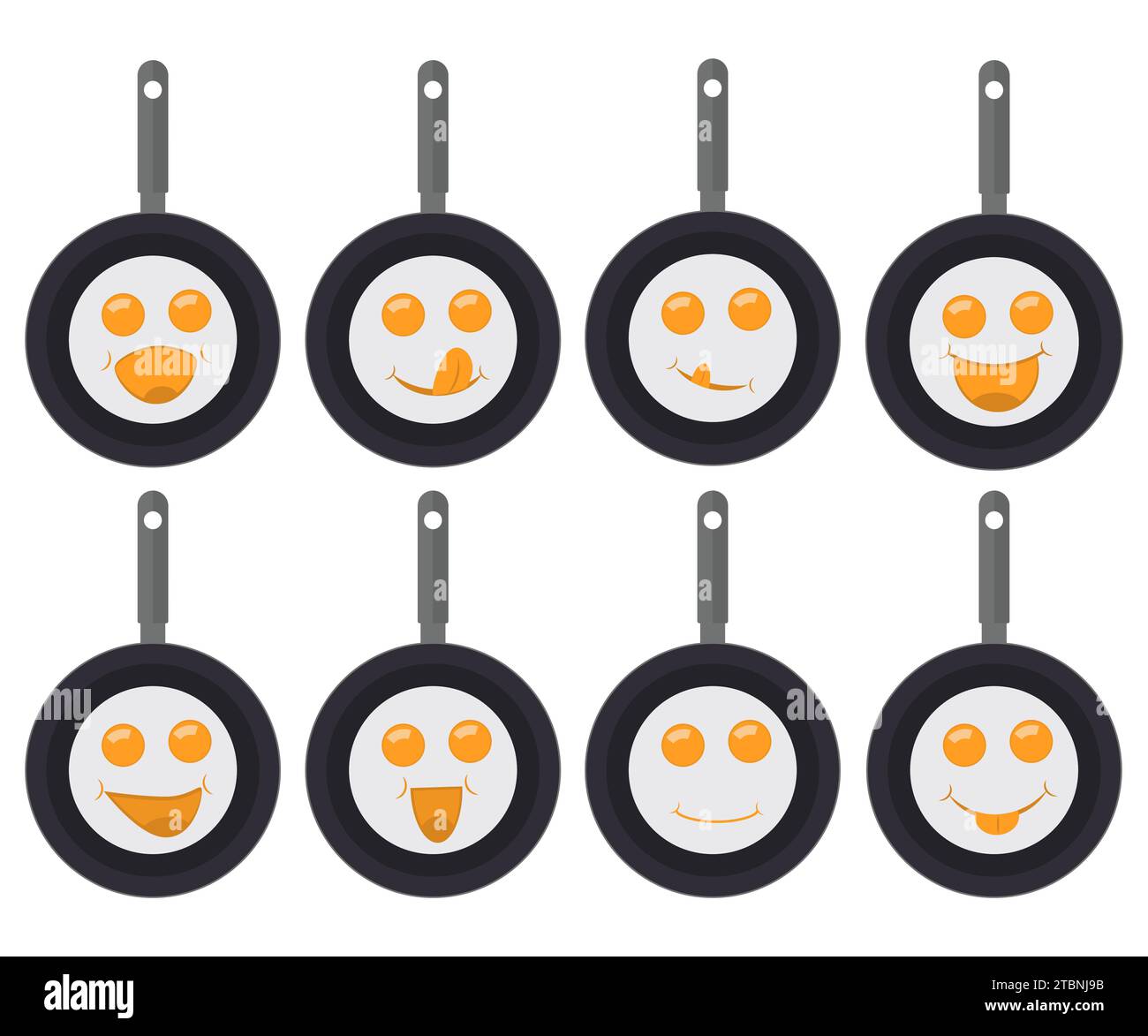Fried eggs emoticons, smiley and emoji. A set of fried eggs in pans ...