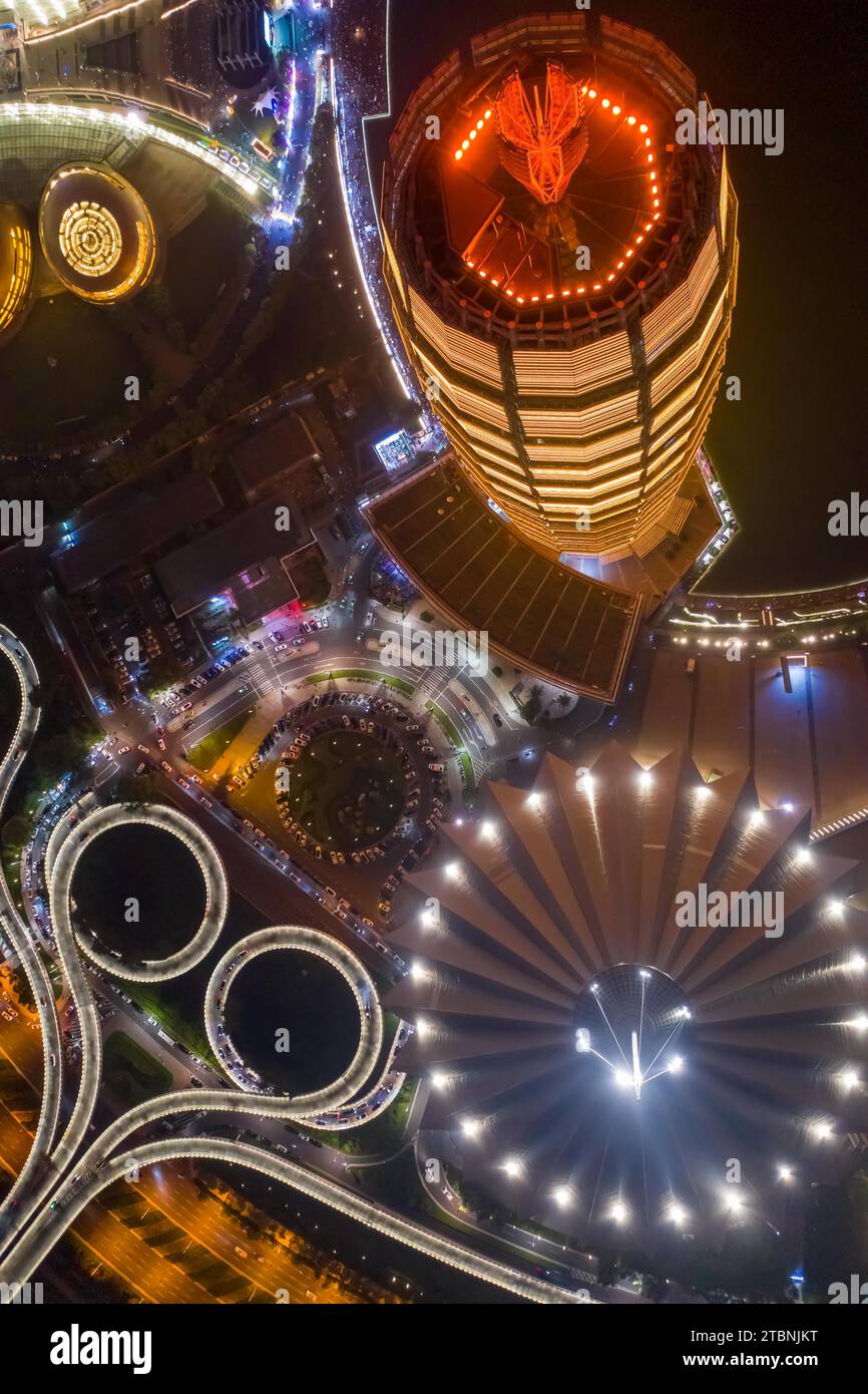 Aerial photo shows the night view of landmark "corn building" in ...
