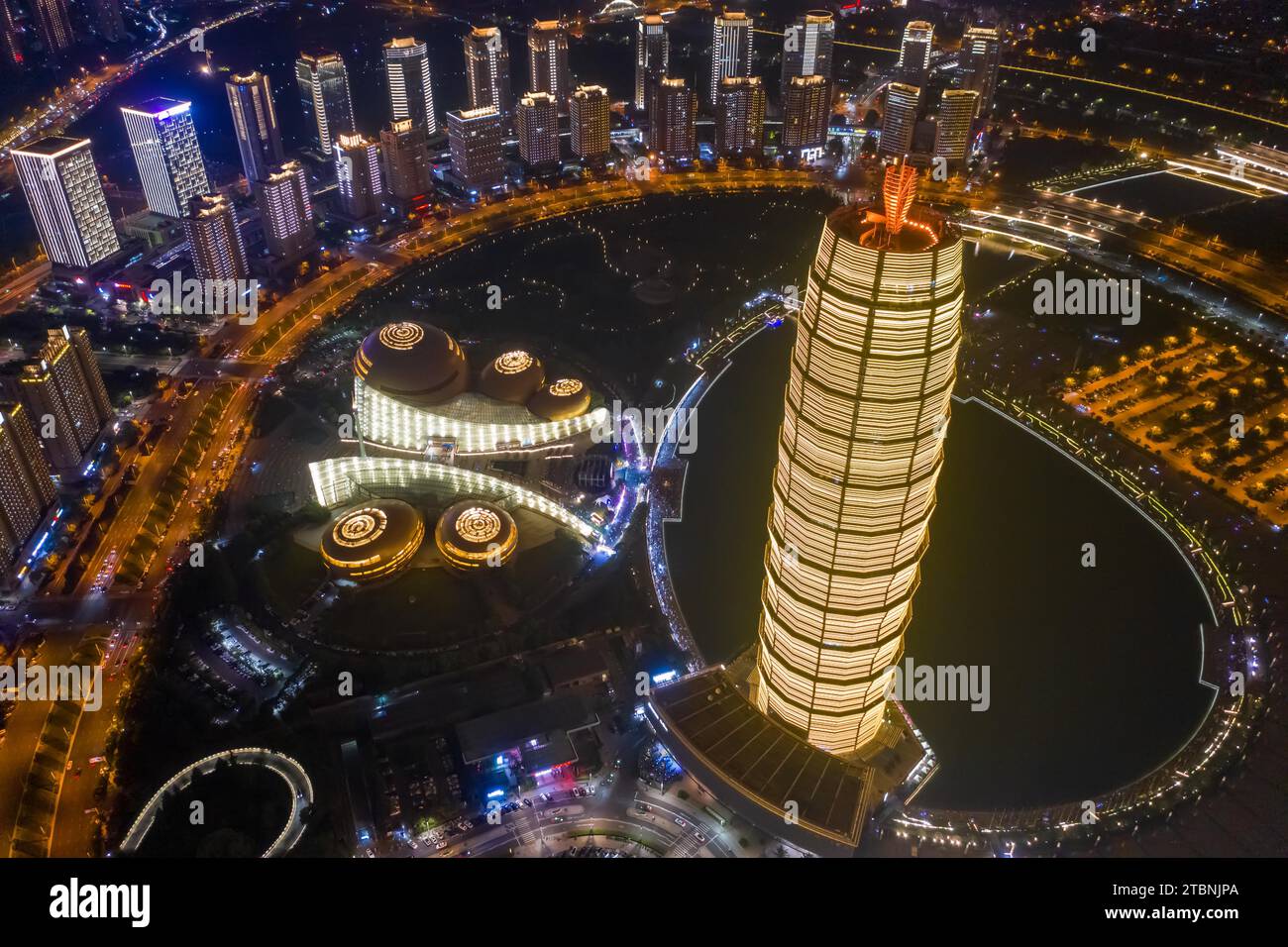 Aerial photo shows the night view of landmark "corn building" in ...