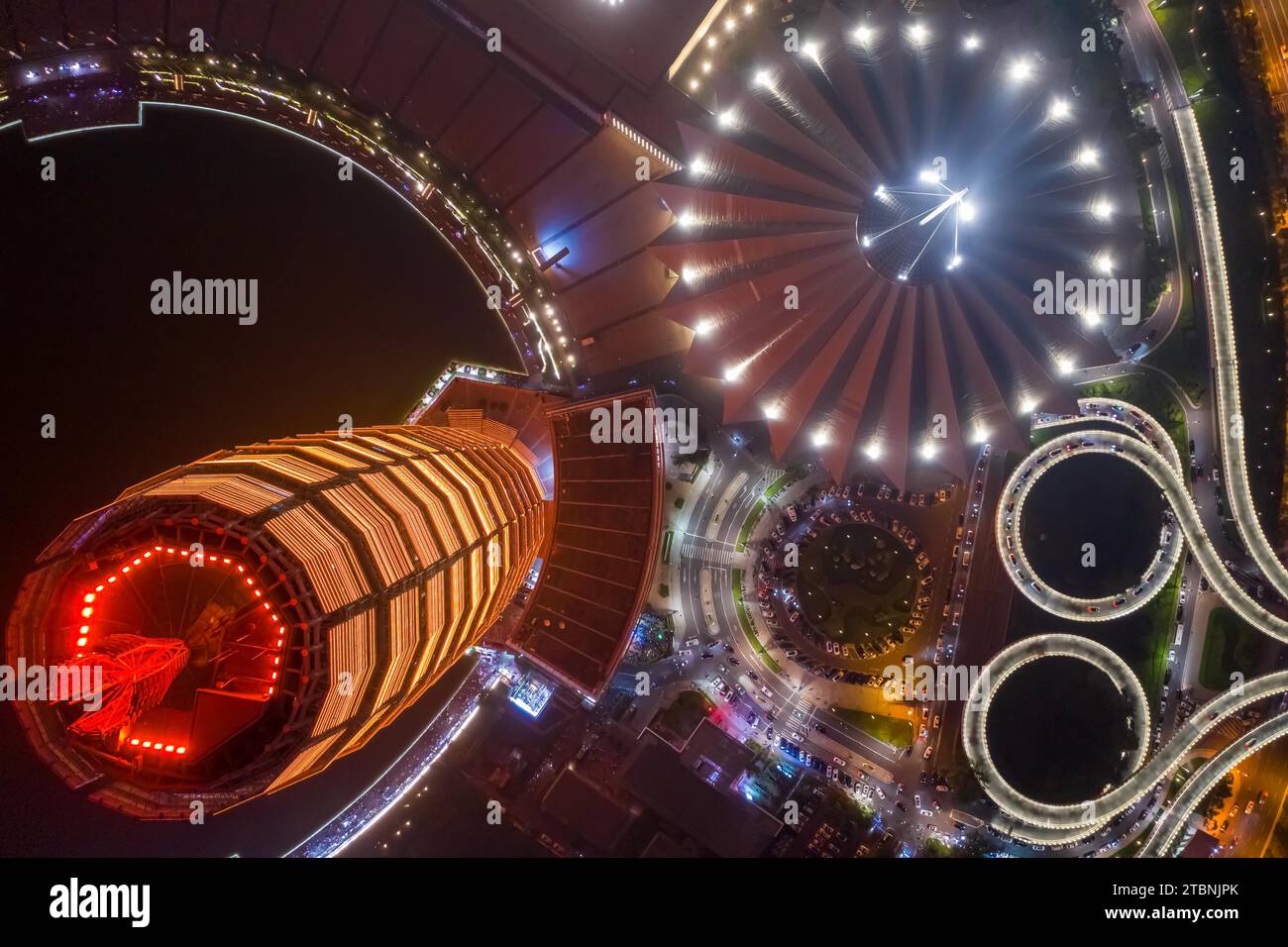 Aerial photo shows the night view of landmark "corn building" in ...