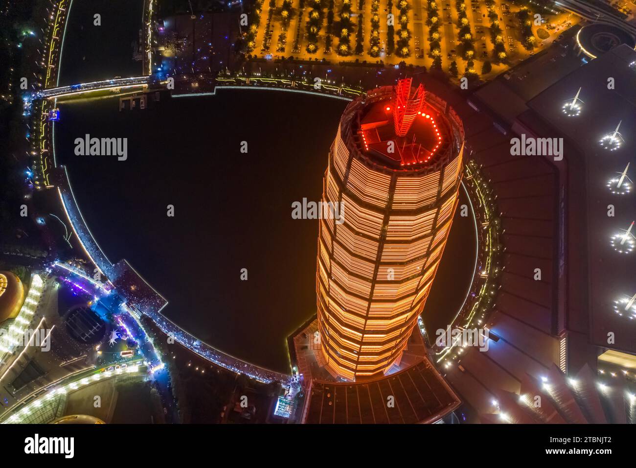 Aerial photo shows the night view of landmark "corn building" in ...