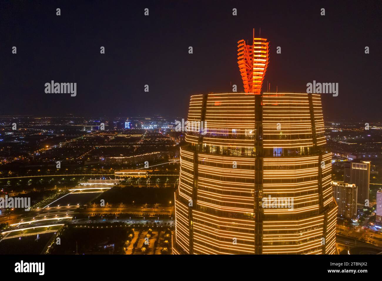 Aerial photo shows the night view of landmark "corn building" in ...