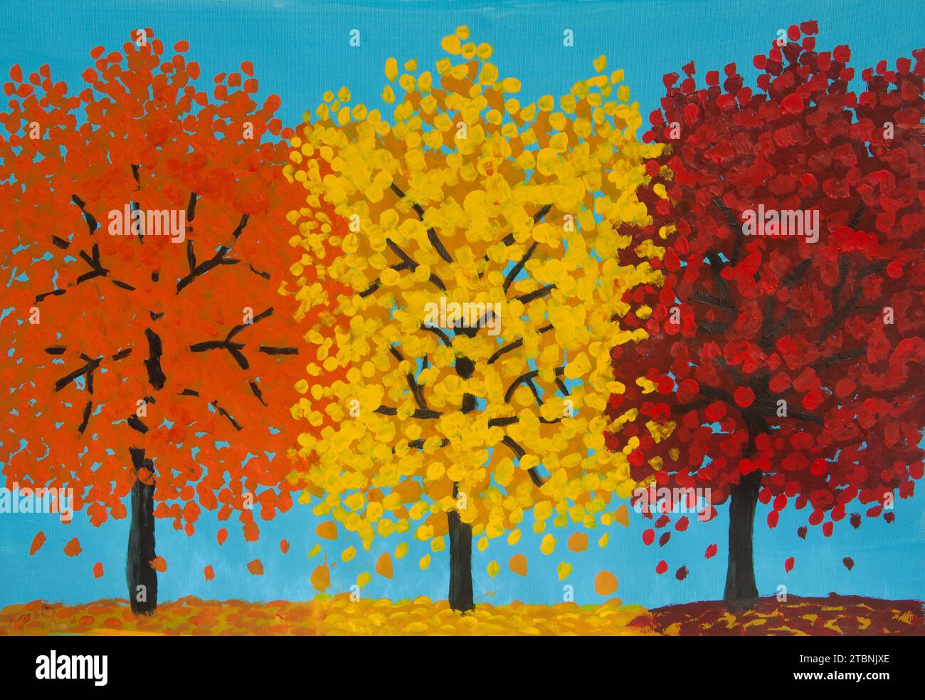 Three autumn trees orange, yellow and red painting Stock Photo - Alamy