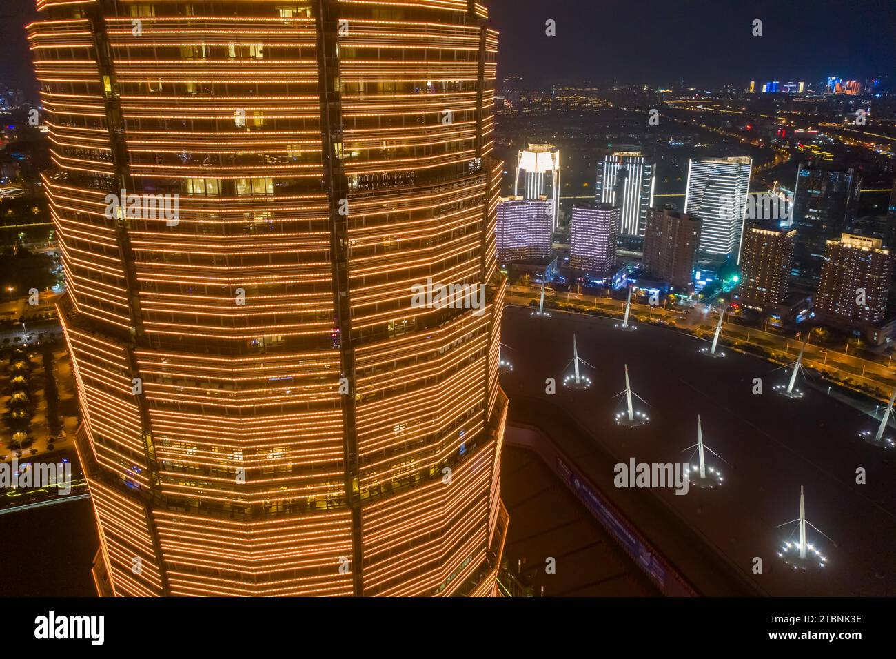 Aerial photo shows the night view of landmark "corn building" in ...