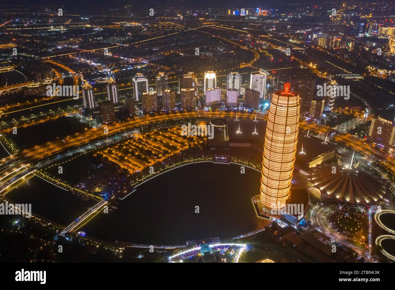 Aerial photo shows the night view of landmark "corn building" in ...