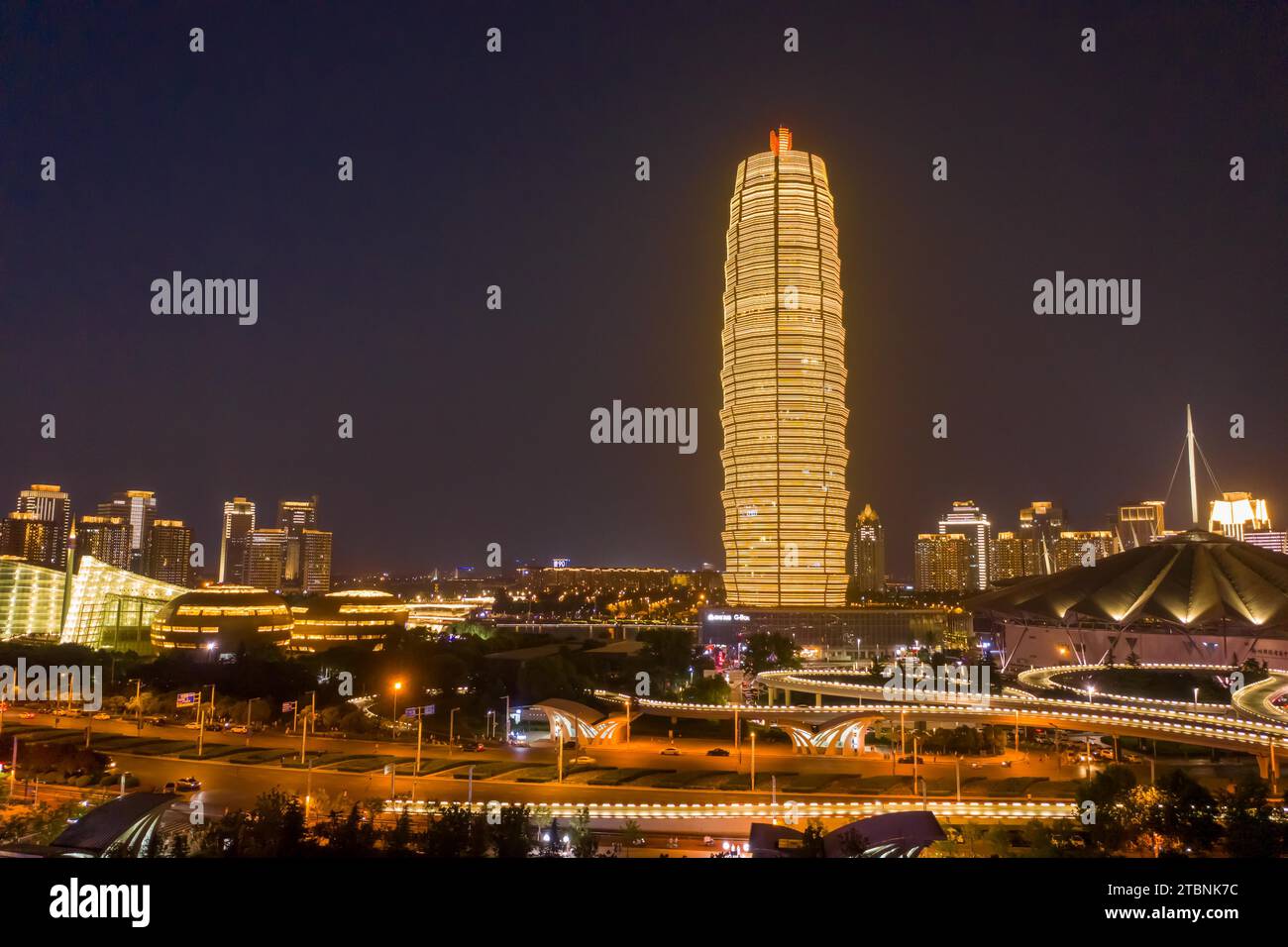 Aerial photo shows the night view of landmark "corn building" in ...