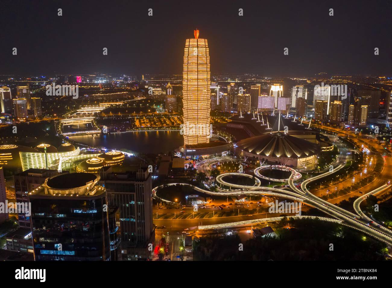 Aerial photo shows the night view of landmark "corn building" in ...