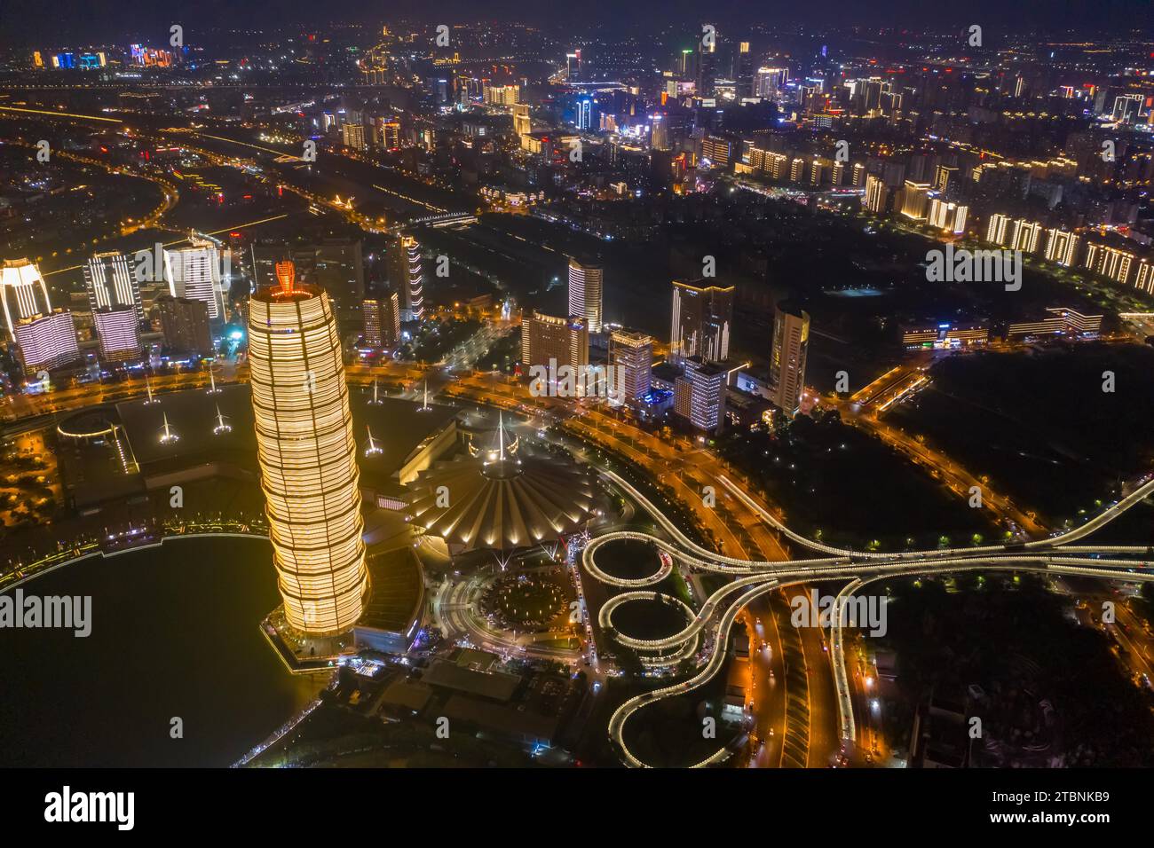 Aerial photo shows the night view of landmark "corn building" in ...