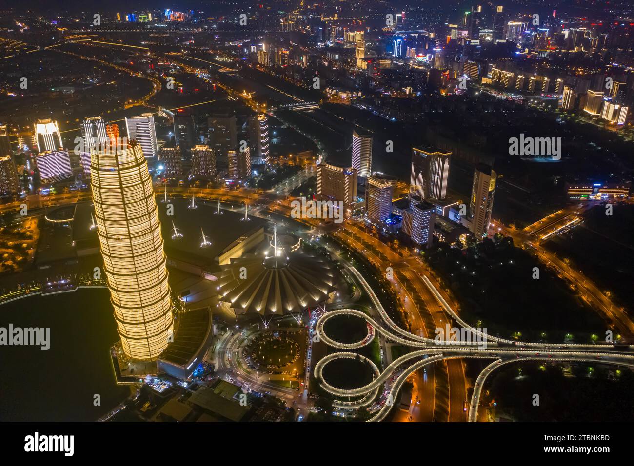Aerial photo shows the night view of landmark "corn building" in ...