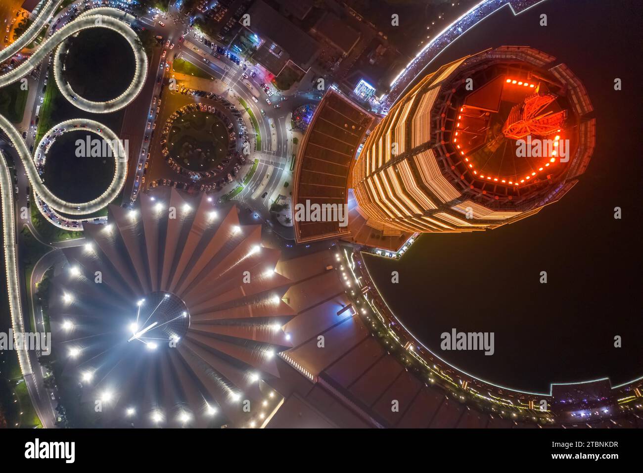 Aerial photo shows the night view of landmark "corn building" in ...
