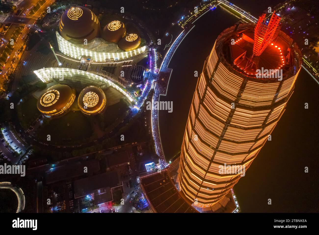 Aerial photo shows the night view of landmark "corn building" in ...