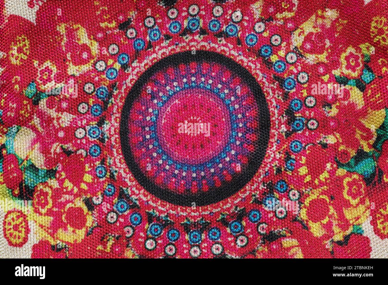 Red jute type cloth texture background. Circle round design of cloth ...