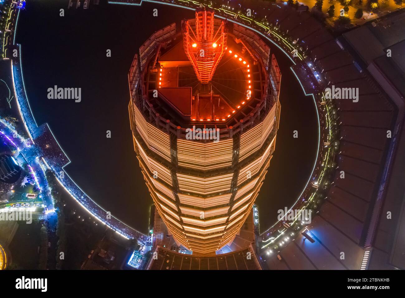 Aerial photo shows the night view of landmark "corn building" in ...