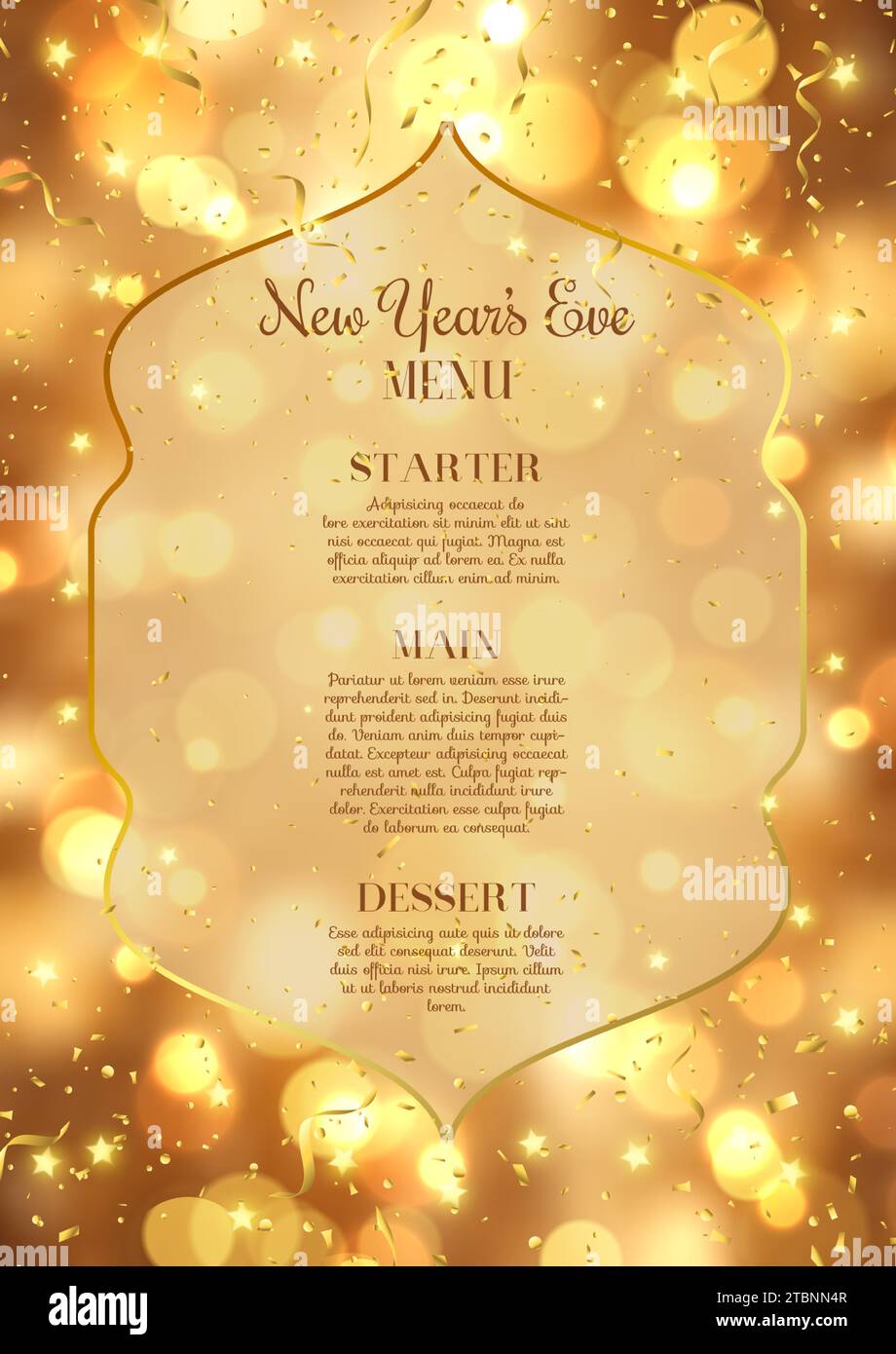 golden New Years Eve menu design with bokeh lights background Stock ...