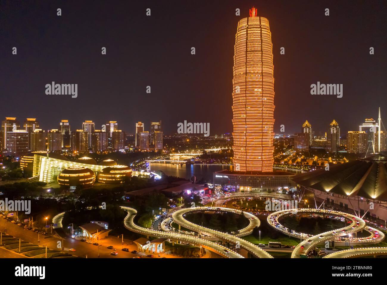 Aerial photo shows the night view of landmark "corn building" in ...